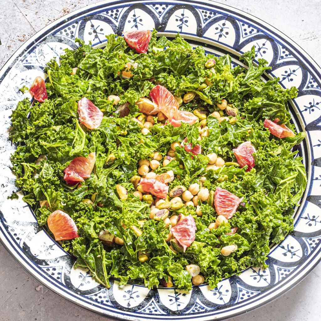Chickpea kale salad with blood orange and pistachio - Cook Veggielicious